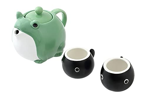 HAKONE YOSEGI Frog Teapot & Teacup Cute Tableware Japanese tea set, Tea Service Set Ceramic Tea Pot (30 oz), 2-Piece Tea Cups (5 oz) (tea pot ＆ 2 tea cup)