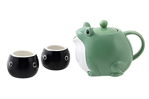 HAKONE YOSEGI Frog Teapot & Teacup Cute Tableware Japanese tea set, Tea Service Set Ceramic Tea Pot (30 oz), 2-Piece Tea Cups (5 oz) (tea pot ＆ 2 tea cup)