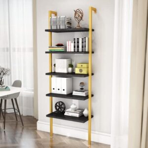 dklgg 5-tier book shelf rack against the wall, tall ladder shelf wooden bookcase metal frame storage plant and flower, single standing bookshelf ladder ​for living room, bedroom, balcony, home office