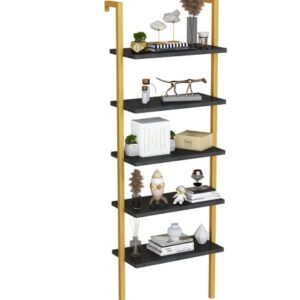 DKLGG 5-Tier Book Shelf Rack Against The Wall, Tall Ladder Shelf Wooden Bookcase Metal Frame Storage Plant and Flower, Single Standing Bookshelf Ladder ​for Living Room, Bedroom, Balcony, Home Office