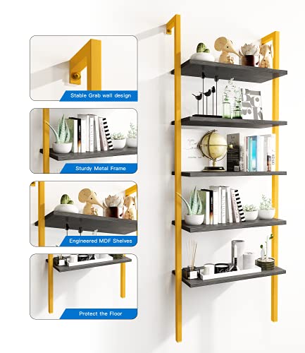 DKLGG 5-Tier Book Shelf Rack Against The Wall, Tall Ladder Shelf Wooden Bookcase Metal Frame Storage Plant and Flower, Single Standing Bookshelf Ladder ​for Living Room, Bedroom, Balcony, Home Office