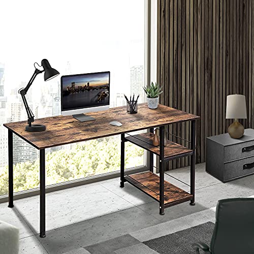 BROWN-BROWN Computer Desk Home Office Desk 2 Tier Shelves Sturdy Laptop Desk Professional Personal Workstation Rustic Brown