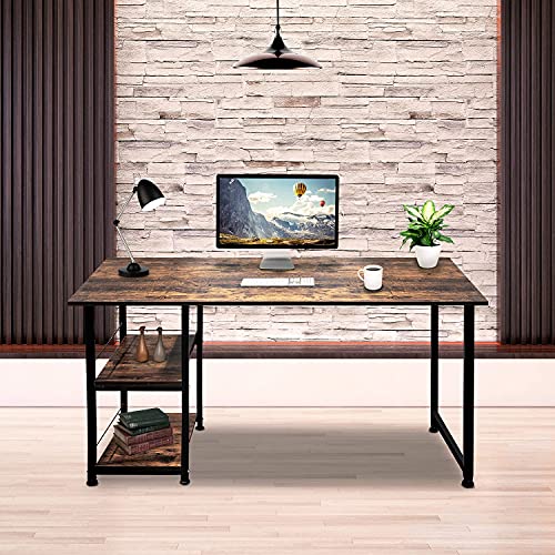 BROWN-BROWN Computer Desk Home Office Desk 2 Tier Shelves Sturdy Laptop Desk Professional Personal Workstation Rustic Brown