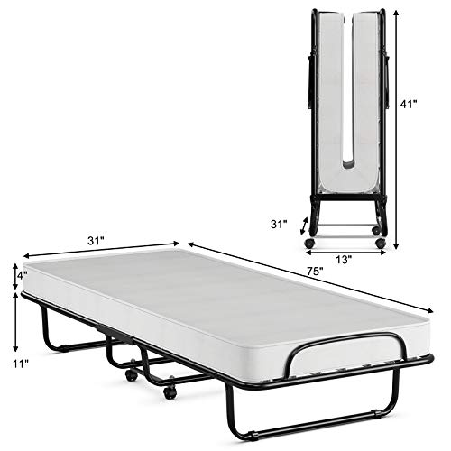 GOFLAME Folding Bed with Memory Foam Mattress, Portable Bed Cot Size with Metal Frame and Wheels for Kids and Adults, Rollaway Guest Bed for Home and Office, Made in Italy