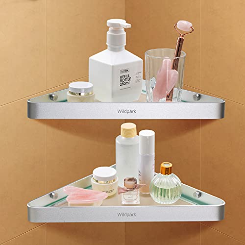 Wildpark Glass Shower Shelf, Corner Shower Caddy, Wall Mounted Bathroom Storage Organizer,No Drilling Need with Adhesive for Bathroom,Kitchen, Toilet and Dorm, 2-Pack (2 Pack)