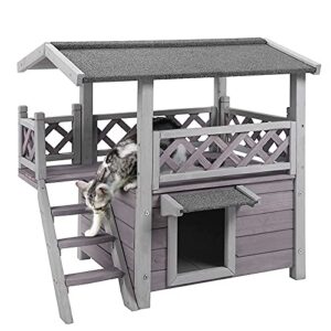 cat house with door for feral cats, rainproof outside kitty house, 2 story wooden kitten condo with stairs (air09-bs)