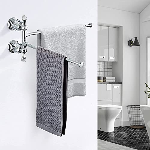 WINCASE Crystal Towel Bar, Chrome Swivel Towel Rack 2 Arms for Bathroom, Silver Swing Hanger Towel Holder Space Saving Wall Mount