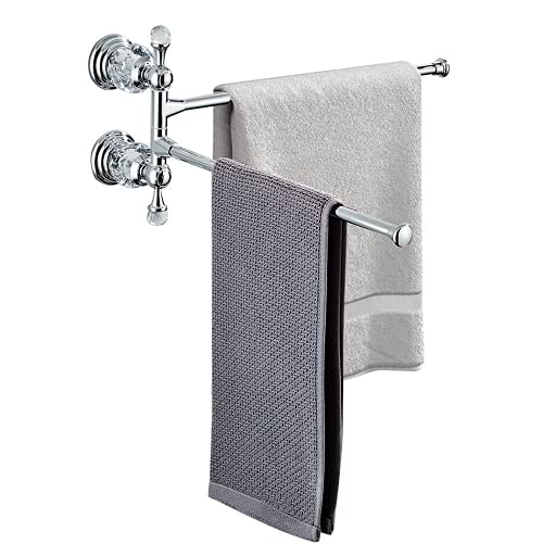 WINCASE Crystal Towel Bar, Chrome Swivel Towel Rack 2 Arms for Bathroom, Silver Swing Hanger Towel Holder Space Saving Wall Mount