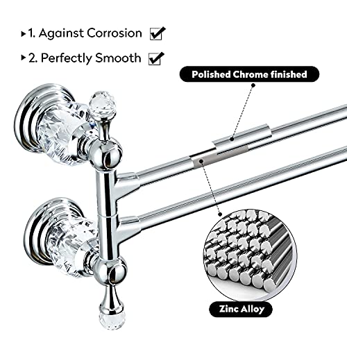 WINCASE Crystal Towel Bar, Chrome Swivel Towel Rack 2 Arms for Bathroom, Silver Swing Hanger Towel Holder Space Saving Wall Mount