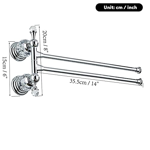 WINCASE Crystal Towel Bar, Chrome Swivel Towel Rack 2 Arms for Bathroom, Silver Swing Hanger Towel Holder Space Saving Wall Mount