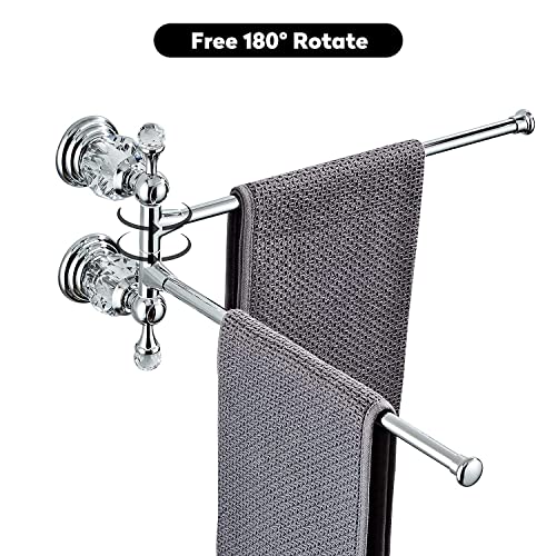 WINCASE Crystal Towel Bar, Chrome Swivel Towel Rack 2 Arms for Bathroom, Silver Swing Hanger Towel Holder Space Saving Wall Mount