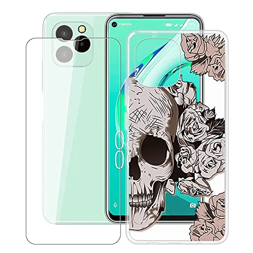 HHUAN Case for Oukitel C21 Pro (6.39 Inch) with Tempered Glass Screen Protector, Clear Soft Silicone Protective Cover Bumper Shockproof Phone Case for Oukitel C21 Pro - YB43