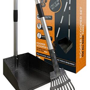 Mighty Paw Dog Pooper Scooper | Large Heavy Duty Tray & Rake Set. Long Adjustable Metal Poles for Comfortable Pet Poop, Waste & Yard Debris Pickup. Easily Scoop on Grass, Sand, Gravel Or Concrete