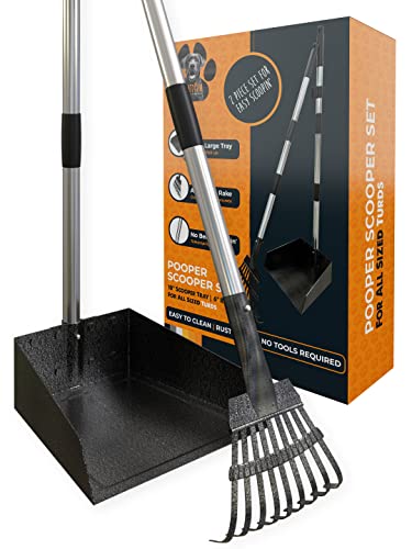 Mighty Paw Dog Pooper Scooper | Large Heavy Duty Tray & Rake Set. Long Adjustable Metal Poles for Comfortable Pet Poop, Waste & Yard Debris Pickup. Easily Scoop on Grass, Sand, Gravel Or Concrete