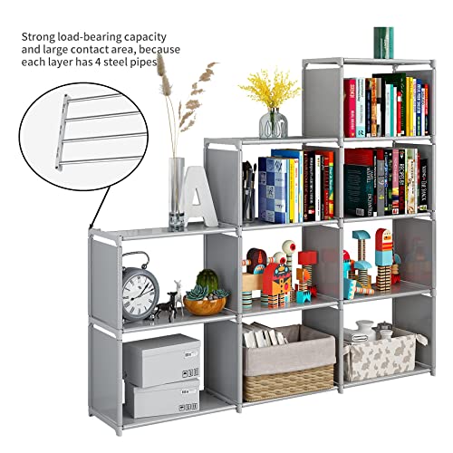 JIUYOTREE Portable Bookshelf, 9 Cube Closet Storage Organizer Bookcase,Clothes Storage for Living Room,Study Room,Bedroom, Grey