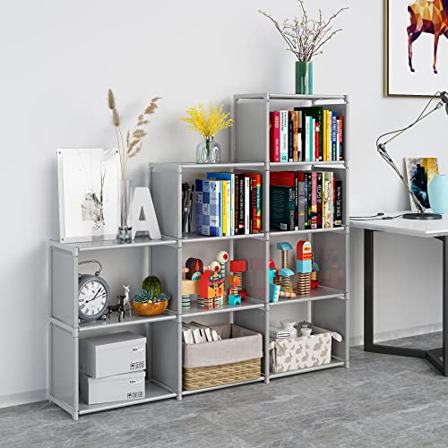 JIUYOTREE Portable Bookshelf, 9 Cube Closet Storage Organizer Bookcase,Clothes Storage for Living Room,Study Room,Bedroom, Grey