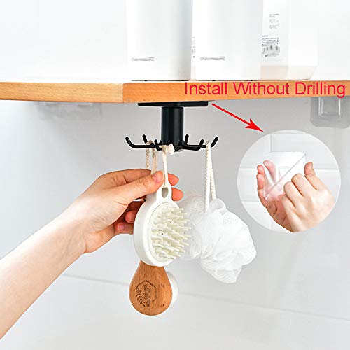 SHBaizoy 2pcs Under Cabinet Hooks, 360 °Rotation Kitchen Hooks for Utensils,Nail Free Adhesive Kitchen Utensils Hanging Hooks for Kitchen Utensils/Tools/Towel/Knife(Black)