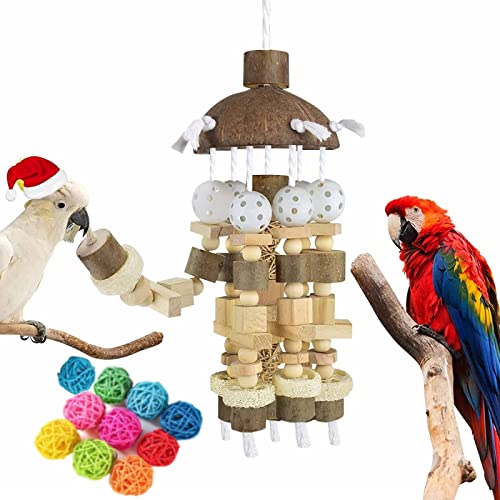 Aupipiroo Large Bird Parrot Toy, Natural Wooden Blocks Bird Chewing Toy Parrot Cage Bite Toy for Cockatoos African Grey Macaws and Amazon Parrots Large Medium Parrots Rattan Balls Wicker Ball Gifts