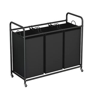 linzinar 3-bag laundry sorter laundry hamper cart with heavy duty rolling lockable wheels and removable bags (black)