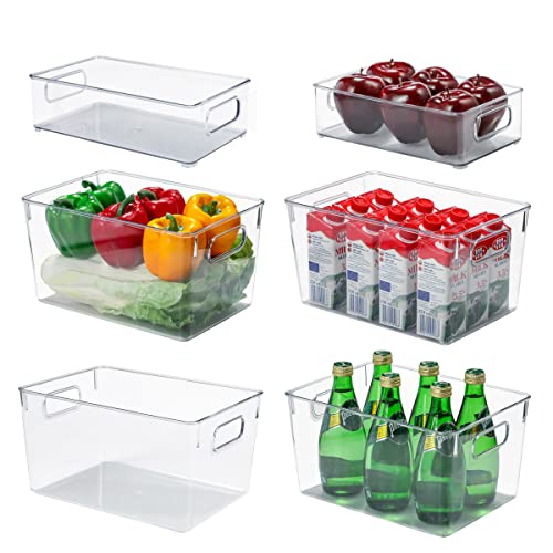 Set of 6 Refrigerator Organizers Bins - Clear Plastic Storage Bins Pantry Bins with Handles, for Freezers/Kitchen Countertops/Cabinets(4 Large and 2 Medium) (6)