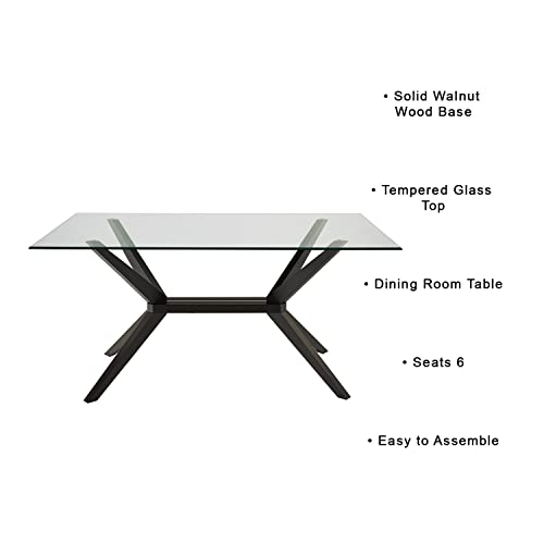 Uptown Club Dining Table with Tempered Glass Top, Elegant Statement Piece for Contemporary Home, 63" x 36", Dark-Walnut