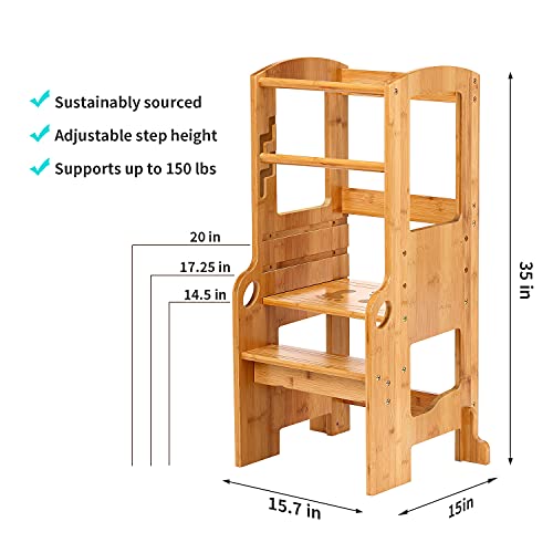 UNICOO- Bamboo Height Adjustable Children Stool, Kids Learning Stool, Kids Kitchen Step Stool, Toddlers Stool, Children Step Stool for Kitchen (Kids Stool Nature - M3)