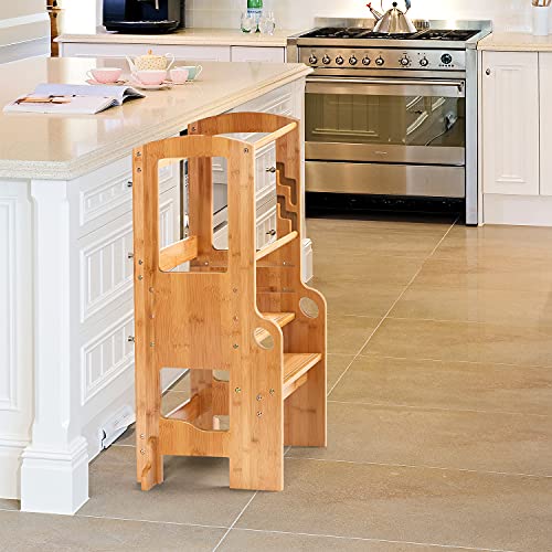 UNICOO- Bamboo Height Adjustable Children Stool, Kids Learning Stool, Kids Kitchen Step Stool, Toddlers Stool, Children Step Stool for Kitchen (Kids Stool Nature - M3)