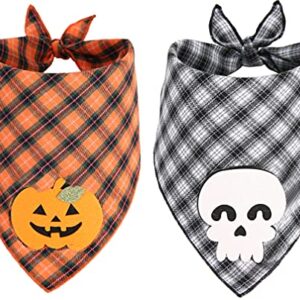 Dog Halloween Bandana 2Pack, Plaid Triangle Scarf with Designer Appliques for Dogs