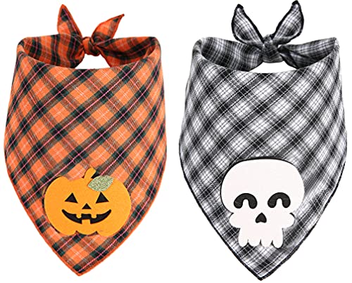 Dog Halloween Bandana 2Pack, Plaid Triangle Scarf with Designer Appliques for Dogs