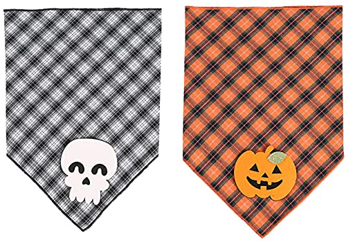 Dog Halloween Bandana 2Pack, Plaid Triangle Scarf with Designer Appliques for Dogs