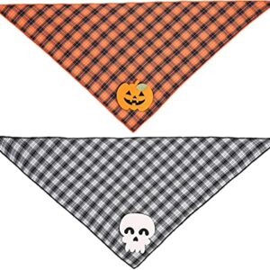 Dog Halloween Bandana 2Pack, Plaid Triangle Scarf with Designer Appliques for Dogs