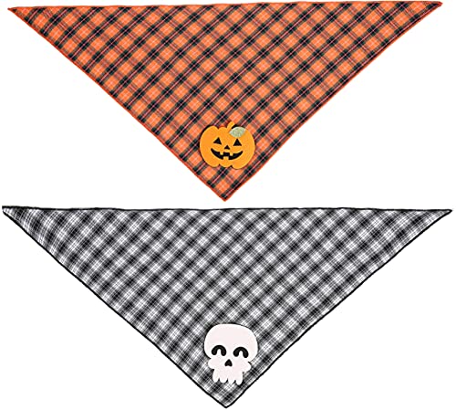 Dog Halloween Bandana 2Pack, Plaid Triangle Scarf with Designer Appliques for Dogs