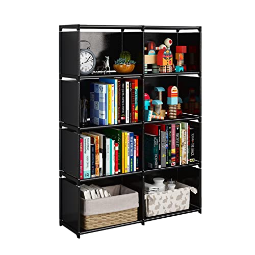 JIUYOTREE 5-Tiers Portable Bookshelf with Fabric Cloth at Back, 8 Cube Closet Storage Organizer Bookcase, Living Room,Study Room,Bedroom, Black