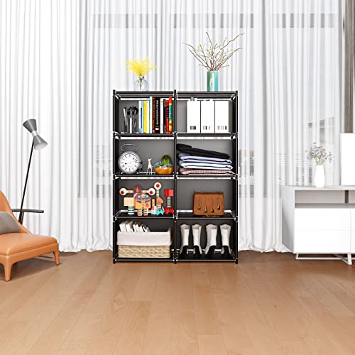 JIUYOTREE 5-Tiers Portable Bookshelf with Fabric Cloth at Back, 8 Cube Closet Storage Organizer Bookcase, Living Room,Study Room,Bedroom, Black