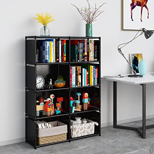 JIUYOTREE 5-Tiers Portable Bookshelf with Fabric Cloth at Back, 8 Cube Closet Storage Organizer Bookcase, Living Room,Study Room,Bedroom, Black