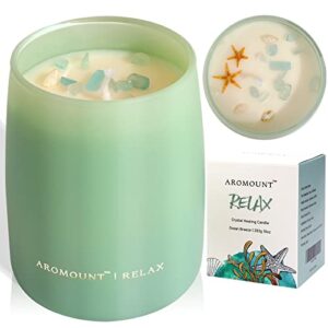 ocean breeze scented candle with crystal inside, healing aquamarine crystal candle with sea star & conch decors, 10oz soy wax 55 hours long lasting burn, perfect spiritual aromatherapy gift | relax