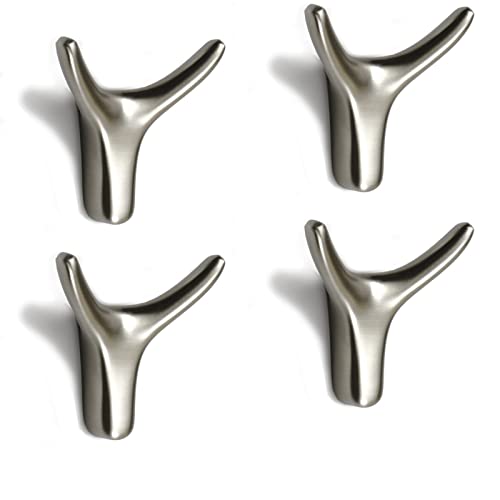 4 Packs Silver Double Prong Modern Coat Robe Hooks Heavy Duty Wall Mounted Hook for Hanging Towels Clothes Purse Metal Hooks for Closets Kitchen Bathroom(Silver)