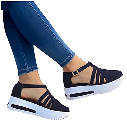 Nulairt Sandals for Women Dressy Summer Hollow Out Platform Sandals Closed Toe Wedge Shoes Buckle Strap Outdoor Sandals Black