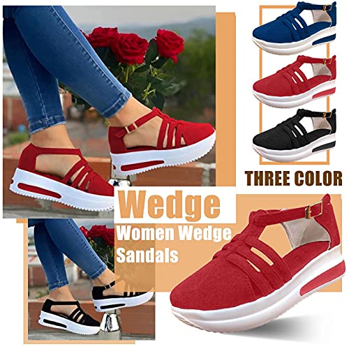 Nulairt Sandals for Women Dressy Summer Hollow Out Platform Sandals Closed Toe Wedge Shoes Buckle Strap Outdoor Sandals Black