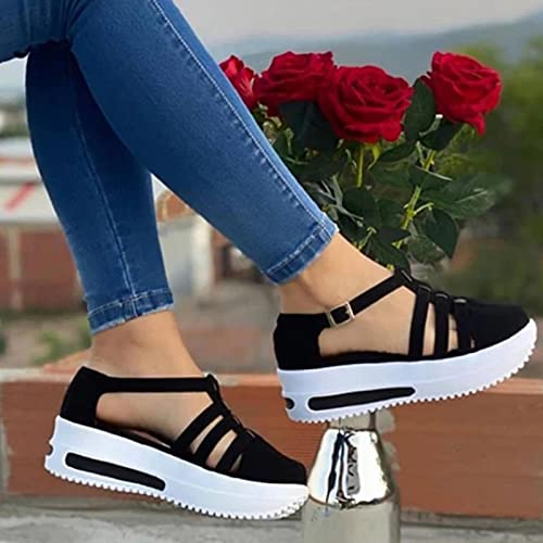 Nulairt Sandals for Women Dressy Summer Hollow Out Platform Sandals Closed Toe Wedge Shoes Buckle Strap Outdoor Sandals Black