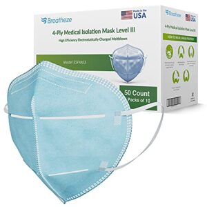 breatheze 4 ply medical isolation face mask made in usa level 3 fluid resistant fda registered disposable protective face cover with nose wire & ear loops - thin breathable - box of 50 (5 packs of 10)