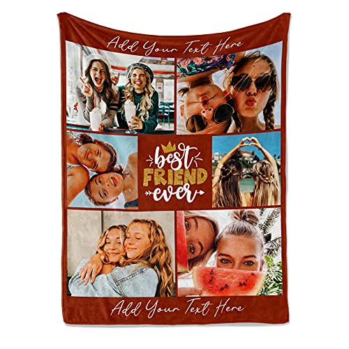 Jekeno Custom Blanket Best Friend Ever Personalized Blanket with 6 Pictures Customize Memorial Throw Blanket Super Soft Cozy Plush for Good Friend for Birthday Christmas, 40"x50"