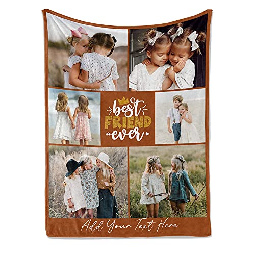 Jekeno Custom Blanket Best Friend Ever Personalized Blanket with 6 Pictures Customize Memorial Throw Blanket Super Soft Cozy Plush for Good Friend for Birthday Christmas, 40"x50"