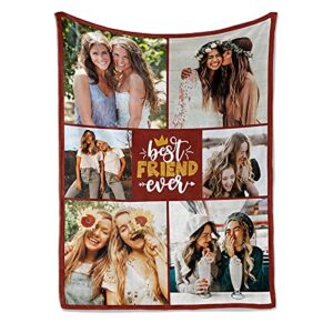 Jekeno Custom Blanket Best Friend Ever Personalized Blanket with 6 Pictures Customize Memorial Throw Blanket Super Soft Cozy Plush for Good Friend for Birthday Christmas, 40"x50"