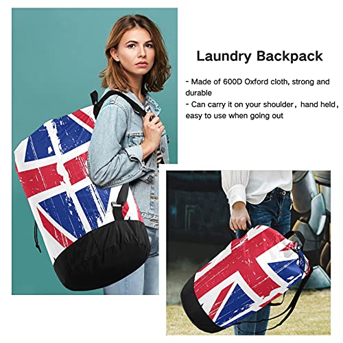 British Flag Laundry Bag Large Heavy Duty Laundry Backpack with Shoulder Straps Waterproof Laundry bag for Traveling Camp Dirty Clothes Organizer for College Students