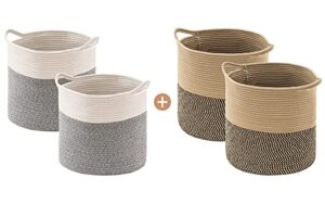 youdenova cotton rope cube storage baskets, 13x13 round woven baskets 4 pack, grey & black bundles