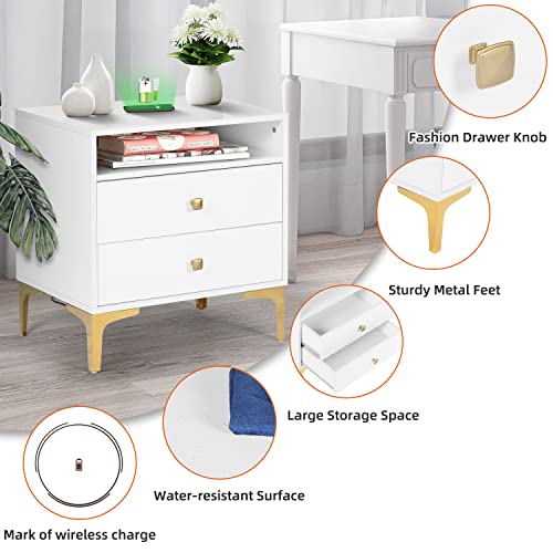 AILEEKISS Nightstands Set of 2 with Wireless Charging Function Wooden Night Stands 2 Sets with Drawers and Open Shelf Storage End Table Home Bedside Table for Bedroom (White 2 Sets)