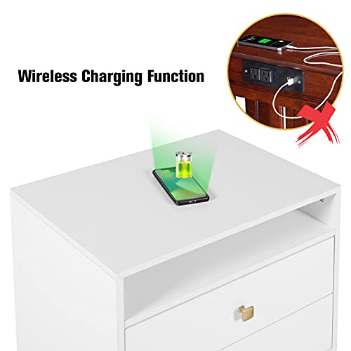 AILEEKISS Nightstands Set of 2 with Wireless Charging Function Wooden Night Stands 2 Sets with Drawers and Open Shelf Storage End Table Home Bedside Table for Bedroom (White 2 Sets)