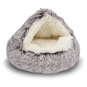 shinhye cat bed round plush fluffy hooded cat bed cave, cozy for indoor cats or small dog beds, soothing pet beds doughnut calm anti-nxiety dog bed - waterproof bottom washable (20×20inch, coffee)