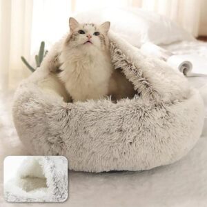 ShinHye Cat Bed Round Plush Fluffy Hooded Cat Bed Cave, Cozy for Indoor Cats or Small Dog beds, Soothing Pet Beds Doughnut Calm Anti-nxiety Dog Bed - Waterproof Bottom Washable (20×20inch, Coffee)